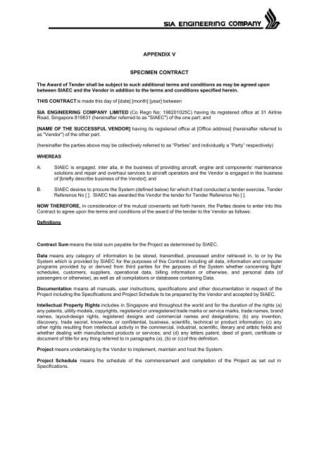 APPENDIX V SPECIMEN CONTRACT - SIA Engineering Company