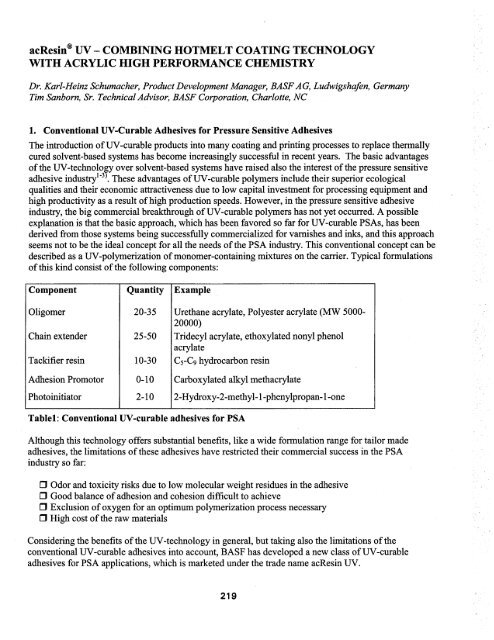 acResin Â® UV - PSTC. Pressure Sensitive Tape Council