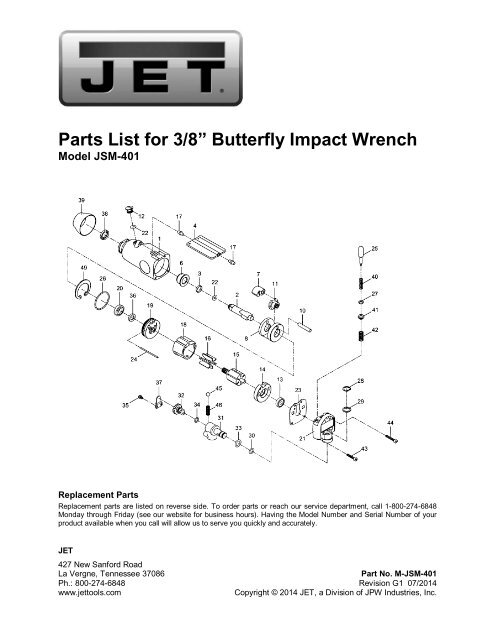 Parts List for 3/8â Butterfly Impact Wrench - JET Tools