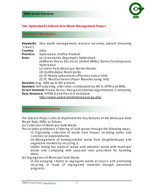 Hyderabad's Subram Zero Waste Management Project - Additional ...