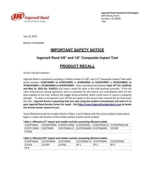 IMPORTANT SAFETY NOTICE PRODUCT RECALL - Ingersoll Rand
