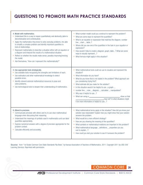 QUESTIONS TO PROMOTE MATH PRACTICE STANDARDS
