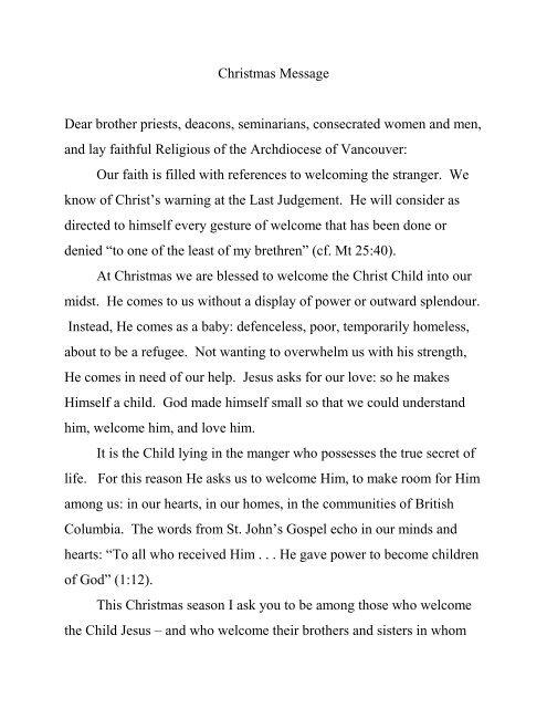 Christmas Message Dear brother priests, deacons, seminarians ...