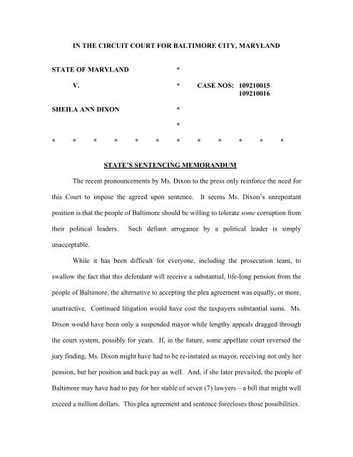 Sentencing Memorandum - the Circuit Court for Baltimore City