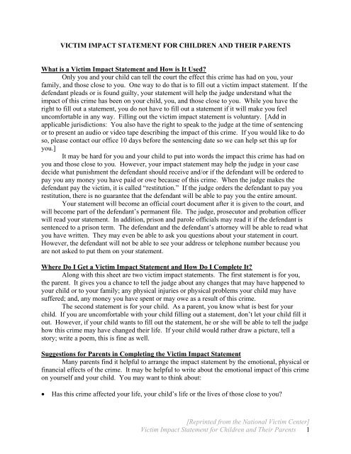 victim impact statement for children and their parents - Office of the ...
