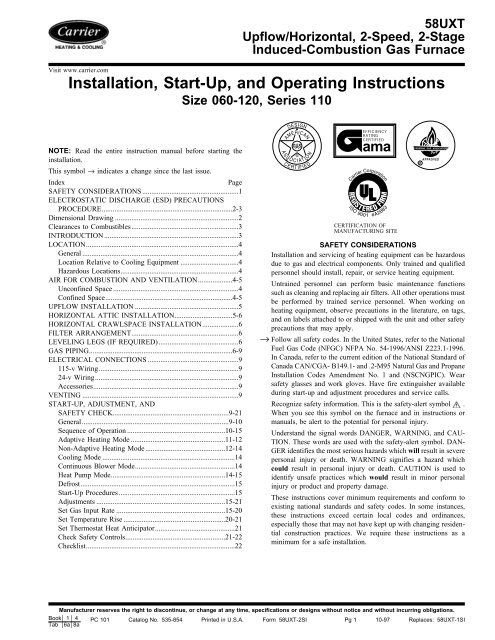 Installation, Start-Up, and Operating Instructions - Docs.hvacpartners ...