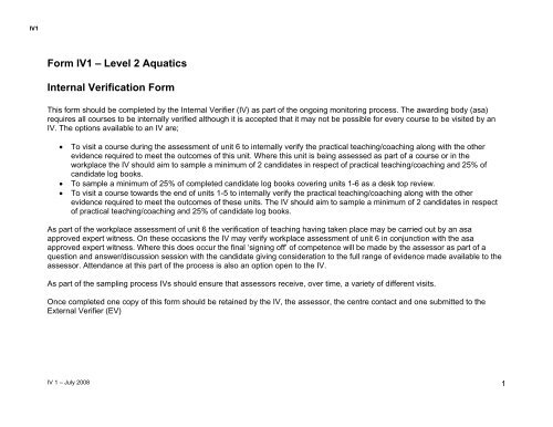 Form IV1 â Level 2 Aquatics Internal Verification Form - FIG