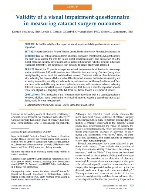 Validity of a visual impairment questionnaire in ... - Pesudovs