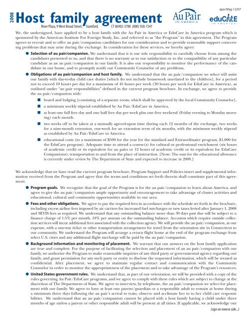 Host family agreement - Au Pair in America