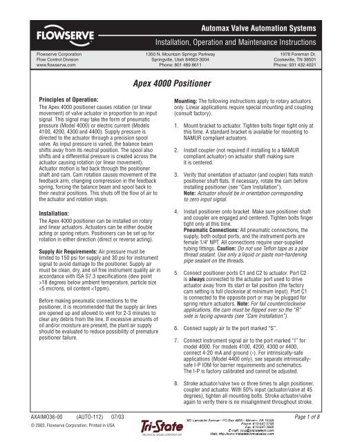 Automax APEX 4000 Pneumatic Positioner User Instructions