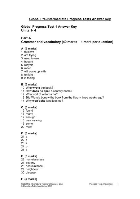 Global Progress Test 1 Answer Key Global Progress Test 1 Answer Key