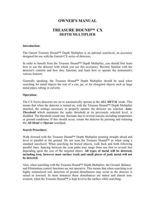 OWNER'S MANUAL TREASURE HOUNDâ ¢ CX â Garrett Metal ...