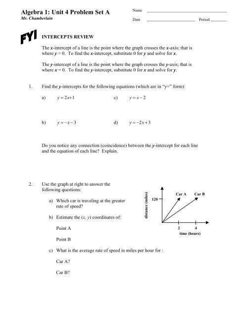 Algebra 1 Unit 4 Problem Set A Mathchamber