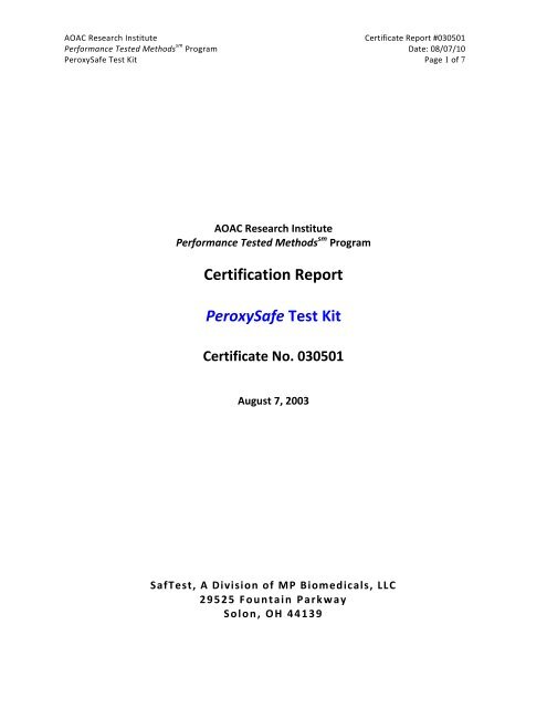 Certification Report PeroxySafe Test Kit - MP Biomedicals