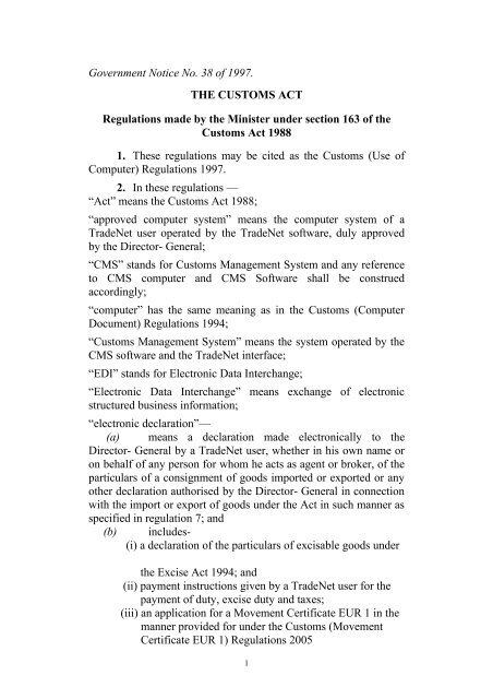 Customs (Use of Computer) Regulations 1997