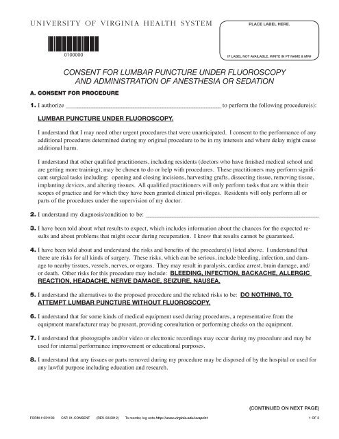consent for lumbar puncture under fluoroscopy - University of Virginia