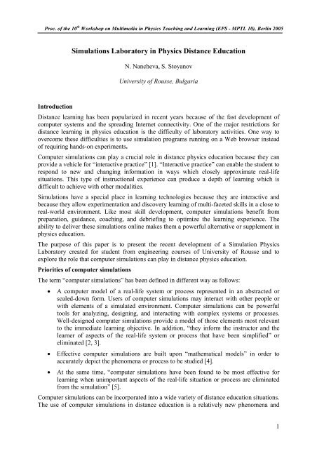 Simulations Laboratory in Physics Distance Education - PEN