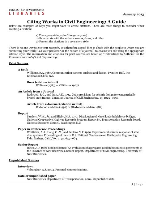 Citing Works in Civil Engineering: A Guide - UNB Libraries