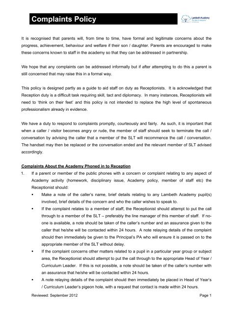 Complaints Policy - Lambeth Academy