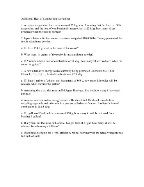 Combustion Worksheet