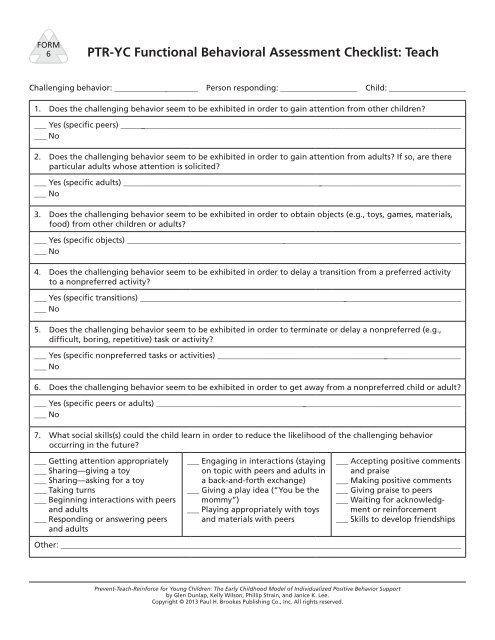 PTR-YC Functional Behavioral Assessment Checklist: Teach PTR-YC Functional Behavioral Assessment Checklist: Teach