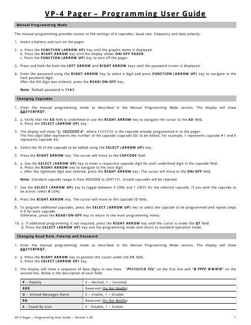 VP-4 Pager – Programming User Guide - Visiplex
