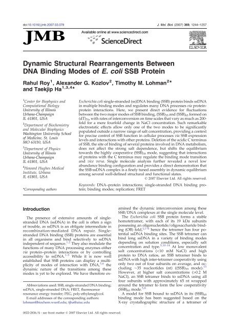 SSB Protein - Department of Biochemistry and Molecular Biophysics
