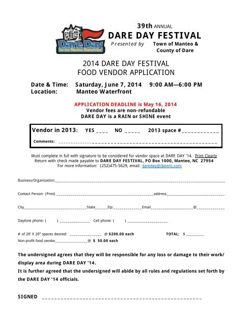 Application for Dare Day Food Vendors - Dare County