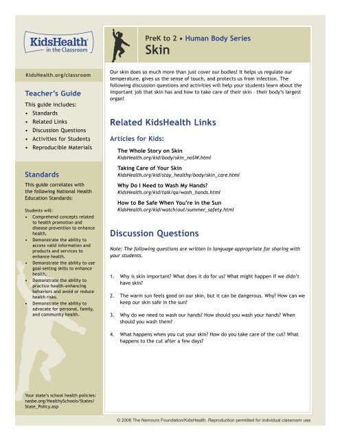 Teacher's Guide: Skin (PreK to Grade 2) - KidsHealth in the Classroom