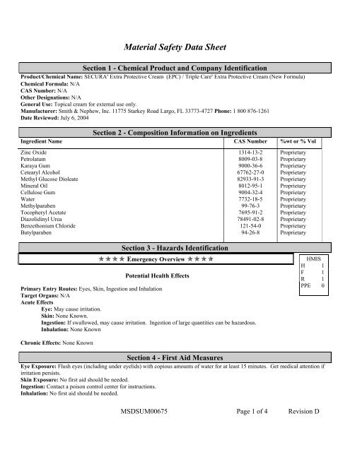 Smith & Nephew Secura Extra Protective Cream (EPC) MSDS Sheets