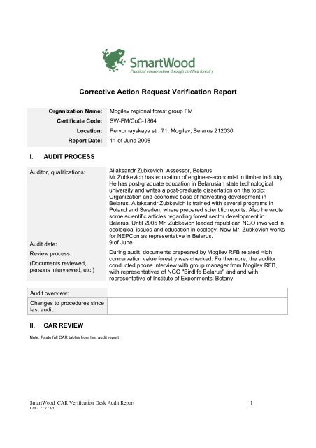 Corrective Action Request Verification Report - Rainforest Alliance