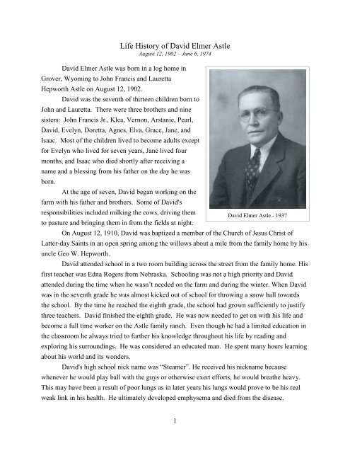 Life History of David Elmer Astle - Frank Family History