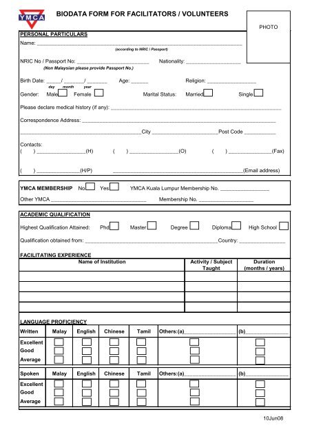 biodata form for facilitators / volunteers - YMCA Kuala Lumpur