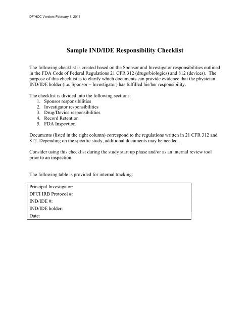 Sample IND/IDE Responsibility Checklist