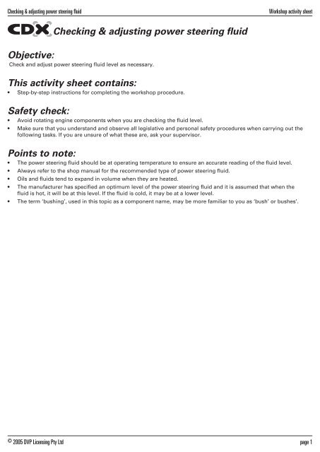 Inspect Power Steering Fluid Worksheet