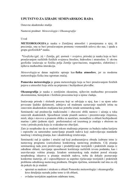 UPUTSTVO ZA IZRADU SEMINARSKOG RADA