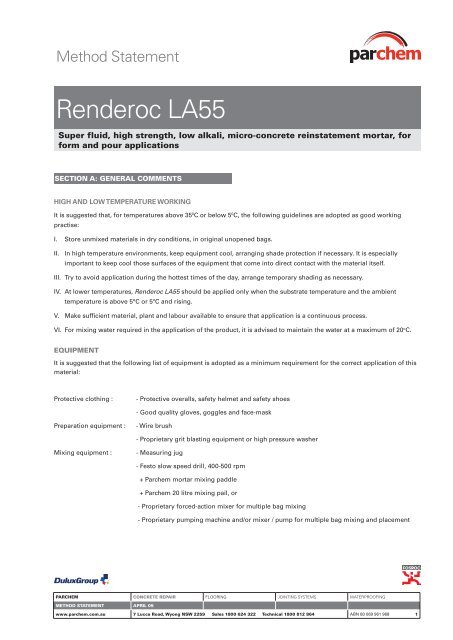 Renderoc LA55 Method Statement - Parchem