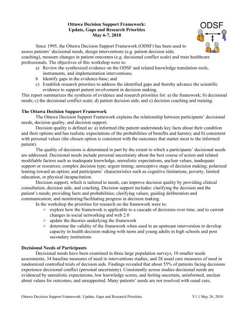 Ottawa Decision Support Framework Workshop Summary - Patient ...