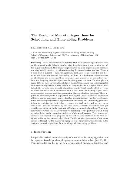 The Design Of Memetic Algorithms For Scheduling And Timetabling