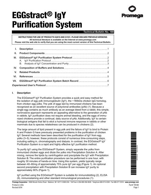 EGGstract(R) IgY Purification System Technical Bulletin #TB188