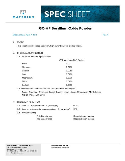 GC-HF Beryllium Oxide Powder - Materion