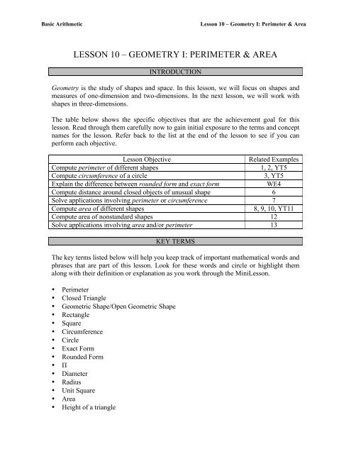 LESSON 10 – GEOMETRY I: PERIMETER & AREA