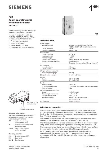 PBB Room operating unit with mode selector buttons