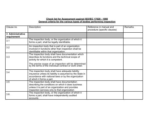 Check list for Assessment against ISO/IEC 17020 - 1998 General ...
