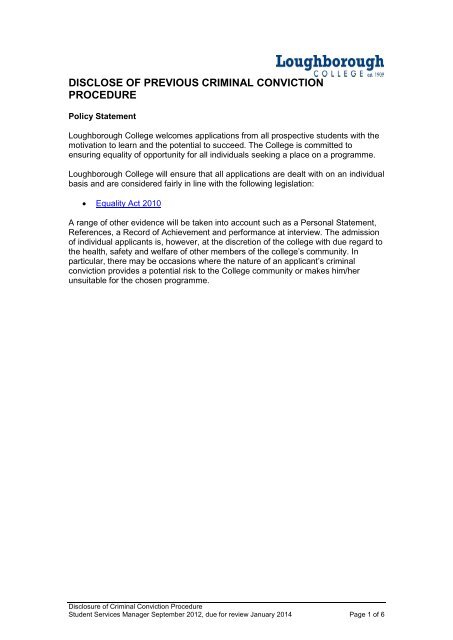 Applications from Students who have a Previous Criminal Conviction
