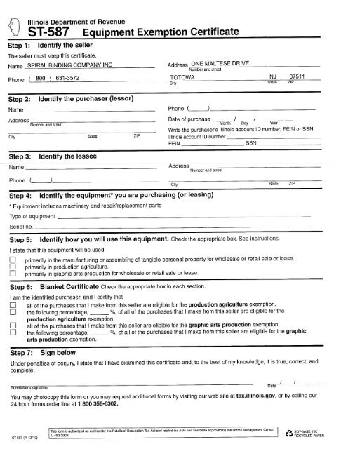 ST-587 Equipment Exemption Certificate - Spiral Binding Company