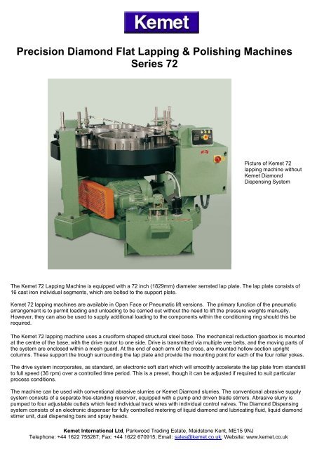 Kemet 72 Lapping machine datasheet - Kemet International