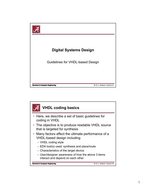 Digital Systems Design VHDL coding basics Digital Systems Design VHDL coding basics