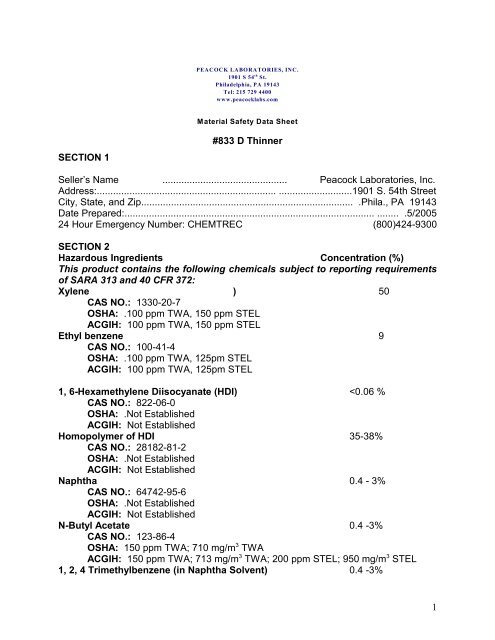 Material Safety Data Sheet - Peacock Laboratories