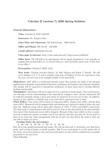 Calculus II (section 7) 2000 Spring Syllabus